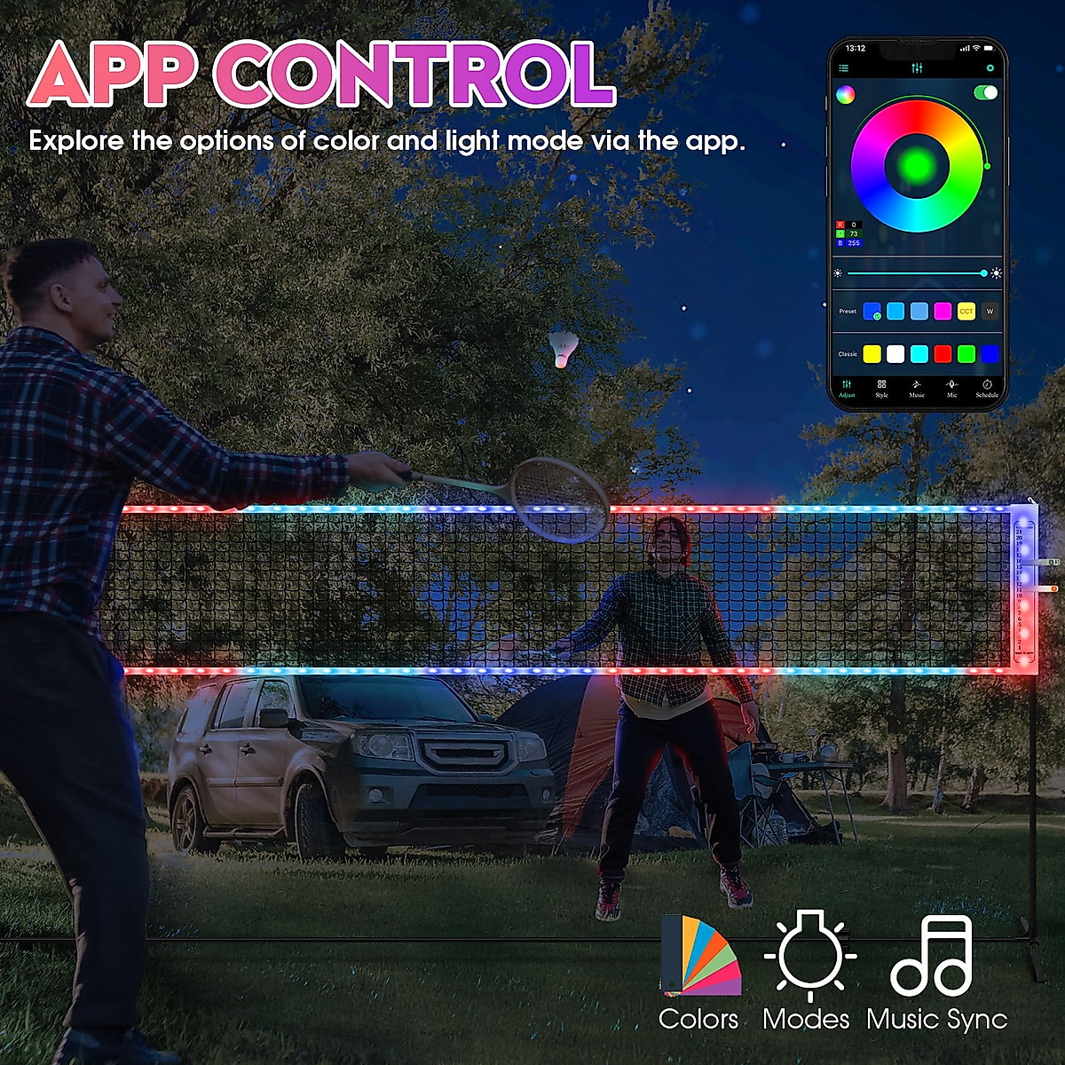 YepItIs LED Badminton Net, 17ft Light Up Portable Badminton Set with APP & Remote Control, Music Sync, Easy Setup Nylon Net with Poles for Badminton, Kids Volleyball, Pickleball (Badminton Net Set)