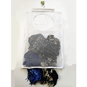 Dearjana Door-Hanging Mesh Laundry Hamper Bag, Space Saving Corner Small Laundry Basket Dirty Clothes Hamper with Rotating Metal Hanger for Apartment, RV, Camper, Cabin, College Dorm Use(White)