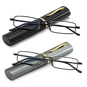 OWTXIS 2 Pack Blue Light Blocking Reading Glasses - Slim Pocket Readers with Pen Clip Case Mini Lightweight Readers (Black, Gunmetal, +2.00)