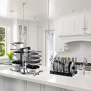 Devan Pots and Pans Organizer Adjustable 8+ Pots and Pans Oragnizer, Kitchen Counter and Cabinet Pot Lid Holder with 3 DIY Methods (6 Hooks Included)