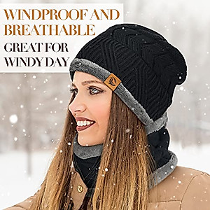 Beanie Hats for Men Women - Neck Warmer Winter Hat Scarf Set Gifts for Man Woman, Dual Layered Fleece Lined Winter Cap, Chunky Toboggan Knit Hat, Thick Soft Stretchy Skull Cap Black Stocking Stuffer