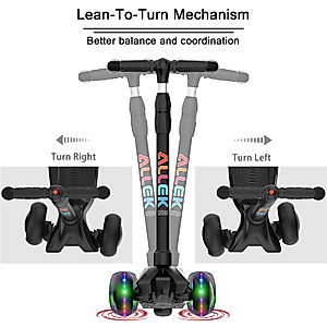 Allek Kick Scooter B03, Lean 'N Glide 3-Wheeled Push Scooter with Extra Wide PU Light-Up Wheels, Any Height Adjustable Handlebar and Strong Thick Deck for Children from 3-12yrs (Black)