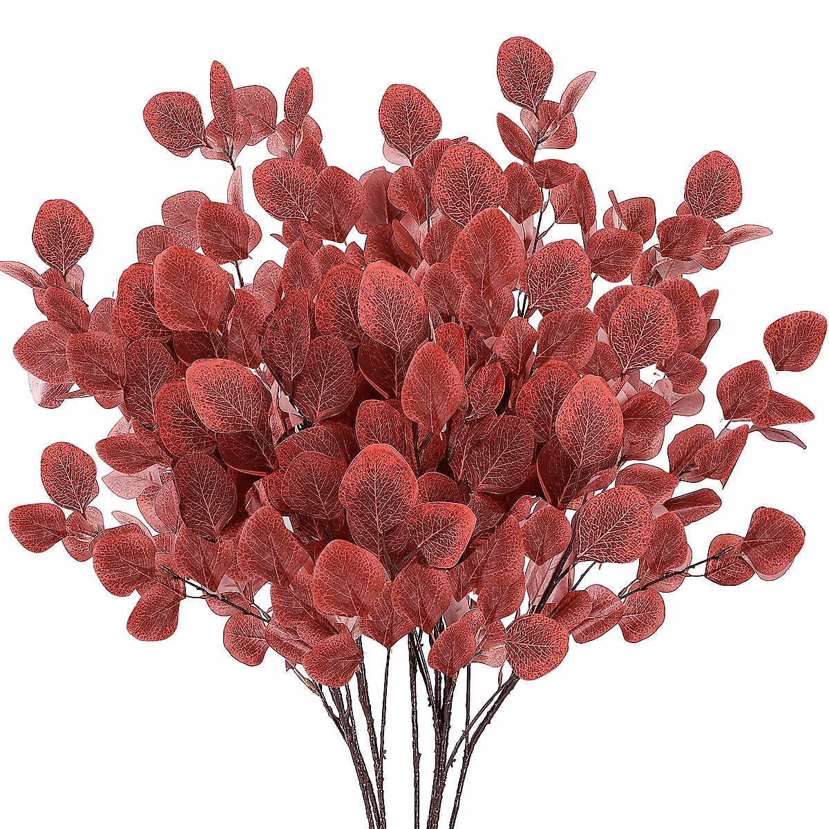 Sggvecsy Artificial Eucalyptus Leaves, 6 Pieces, 35.43 Inch Long, Red Color, Plastic and Silk Material, Easy to Bend and Adjust
