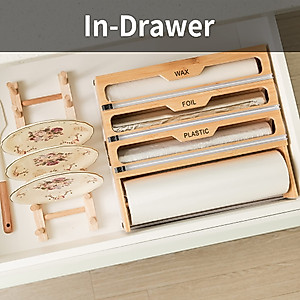 4-in-1 Wrap Dispenser with Slide Cutter - Plastic Wrap, Aluminum Foil, Wax Paper, Towel Roll, Roll Bag Holder Container for Kitchen Drawers - Compatible with 12" Width and Small Thickness Rolls