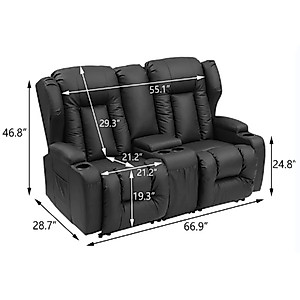 BINGTOO Home Theater Seating 67” RV Recliner Double Recliner Loveseat Manual Recliner Leather Recliner Loveseat Reclining Sofa with Console Slate, Cup Holder, Side Pocket