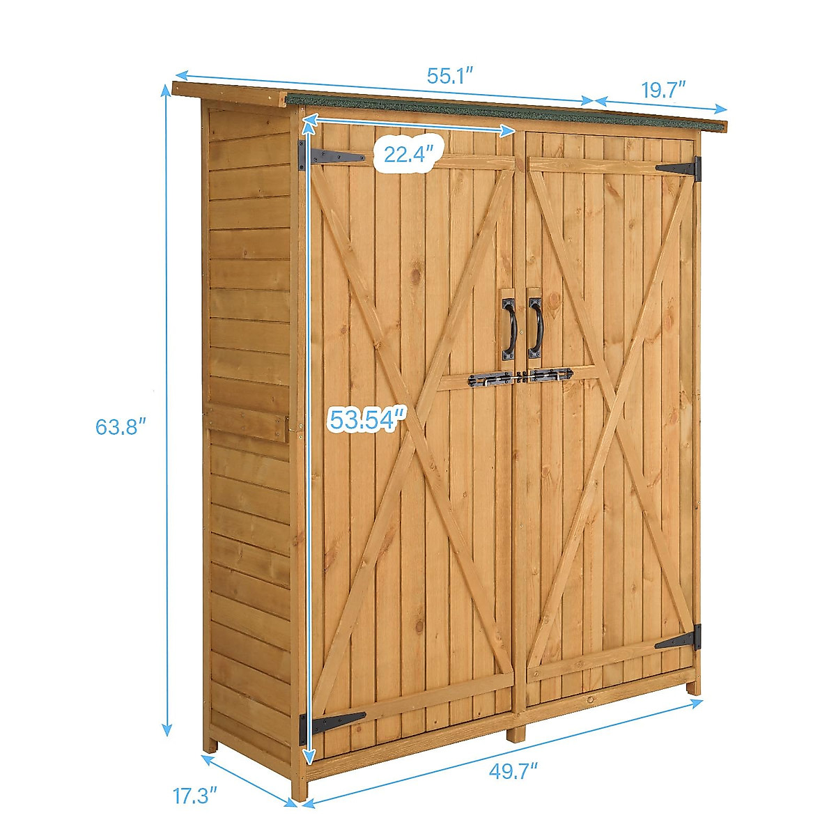 Outdoor Wooden Garden Shed with Asphalt Felt Pitched Roof Fir Wood Outdoor Storage Cabinet for Tools Lockable Double Doors Natural Wood Aesthetic 55.1" L x 19.7" W x 63.8" H