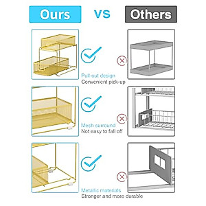 wkokos Under Sink Organizer Baskets with Mesh Pull Out Sliding Drawers for Cabinet, Kitchen, Bathroom, 2 Tier, Gold
