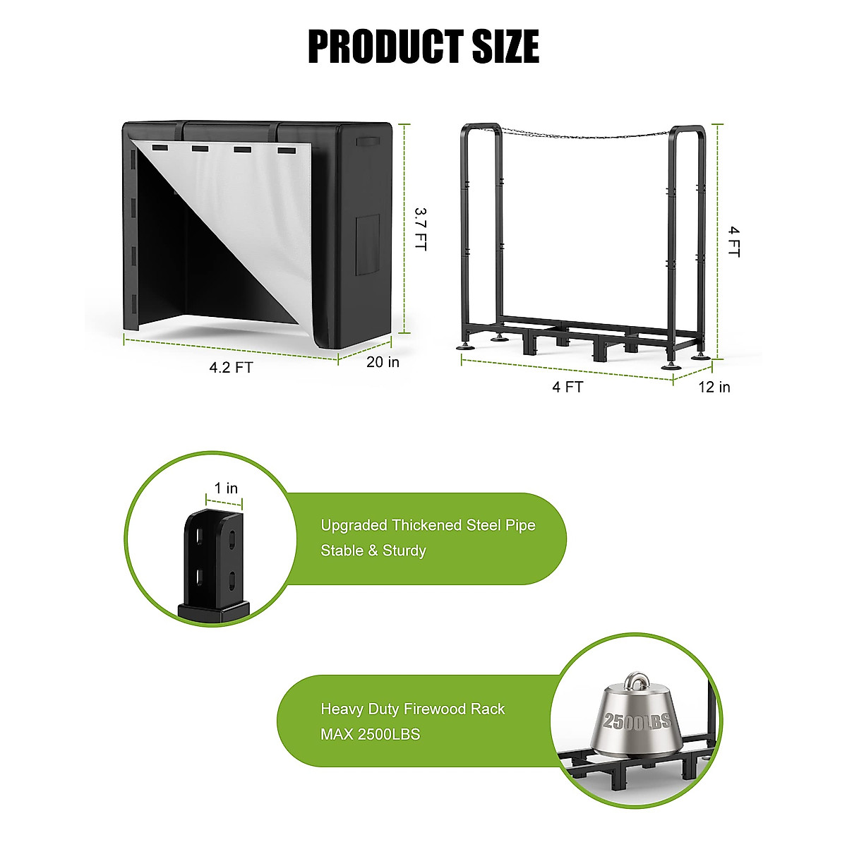 Brightown Firewood Rack Outdoor with Cover, 4FT Indoor Wood Rack for Firewood, Waterproof Fire Wood Holder Outside, Adjustable Heavy Duty Logs Stand Stacker Holder for Fireplace Patio Deck, Black