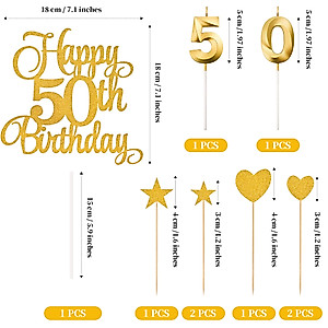 Lecferrarc 50th Birthday Cake Decorations, 50th Birthday Candles Cake Numeral Candles and Glitter Happy 50th Birthday Cake Toppers Set for Birthday Party Supplies (Gold)