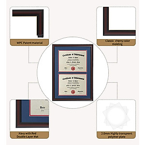 ELSKER&HOME Double Certificate Frame-Cherry Wood Color - 2.0mm Panels-Made for Document&Diploma for Two 8.5x11 Inch with Mat and 14x20 Inch Without Mat(Double Mat,Navy with Red Rim)