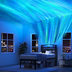 QEROMY Twin Size Bed Frame - Storage Headboard with Galaxy Aurora Star Projector & Charging Station, 18in Heavy Duty Metal Bed Frame No Box Spring Needed, Easy Assembly