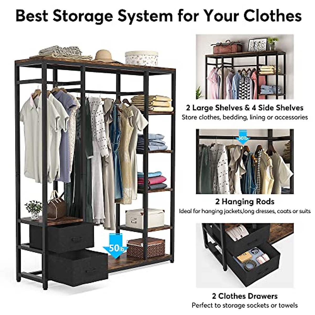 Tribesigns Freestanding Closet Organizer with 2 Drawers, 59 inch Heavy Duty Clothes Garment Rack with Shelves and Double Hanging Rod, Metal Clothing Rack Wardrobe for Bedroom, Rustic Brown