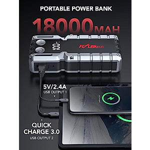 FLYLINKTECH 5000A Car Battery Jump Starter(Up to 9.0L Gas or 8.0L), Portable Car Jump Starter Battery Pack, 12V Jump Box with Safety Jumper Cables, Fast Charge 3.0, Lights, LCD Display