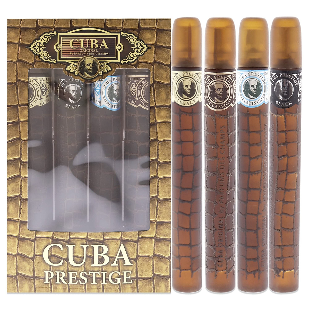 Cuba Prestige Men 1.17oz Classic EDT Spray, 1.17oz Black EDT Spray, 1.17oz Platinum EDT Spray, 1.17oz Legacy EDT Spray 4 Pc Gift Set, (amgcubp4)