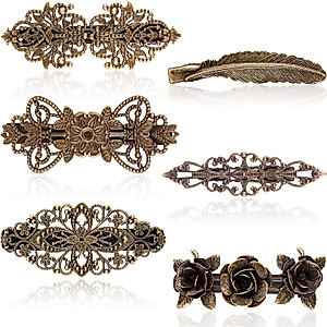 WILLBOND 6 Pieces Vintage Hair Barrettes for Women Retro French Flower Hair Clips Metal Bronze Floral Feather Barrettes Pins for Women Styling Accessories