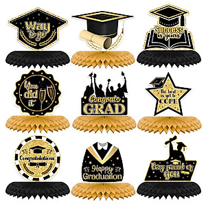 9PCS Graduation Party Decorations Class of 2024 Congrats Grad Table Centerpiece Congratulate Graduation Black and Gold Honeycomb Table Toppers for Graduation Party Supplies