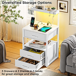 AOGLLATI Nightstand Set of 2 with Charging Station and LED Lights, Bedside Table with 3 Drawers and Open Storage Shelves, 2 USB Ports and 2 AC Outlets, LED Night Stand for Bedroom, 2 Pack, White