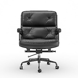 Office Chair- Aluminum Arms Thickened Backrest Lumbar Support, Executive Desk Chair, Genuine Grain Leather Thick Padded Strong Aluminum Base Quiet Wheels, Ergonomic Mid Back Leather Computer Chair
