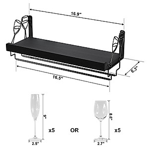 Love-KANKEI Wine Rack with Stemware Hanger, 17inch Wine Glass Rack, Floating Shelf Wall Mounted, Wood Wall Shelf for Kitchen, Dinning Room, Home Bar, Living Room etc, Pitch Black