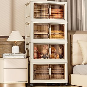 wookon 213Quart Storage Bins with Wheels-Magnetic Plastic Storage Bins,4 Tiers Storage Bins,Beige Closet Organizers and Storage,Dual Open Collapsible Storage Bins for Home and Office Storage