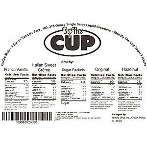 Coffee mate Liquid .375oz Variety Pack (4 Flavor) 100 Count includes Original, French Vanilla, Hazelnut, Italian Sweet Crème & By The Cup Sugar Packets