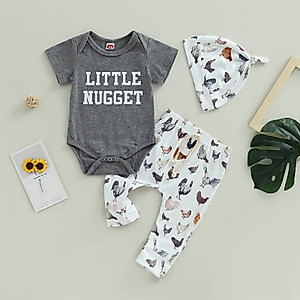 Kayotuas Newborn Baby Boy Girl Clothes Cow Print Romper Bodysuit and Pants with Hat/Headband 3Pcs Western Coming Home Outfits (Little Nugget Chicken Grey, 3-6 Months)