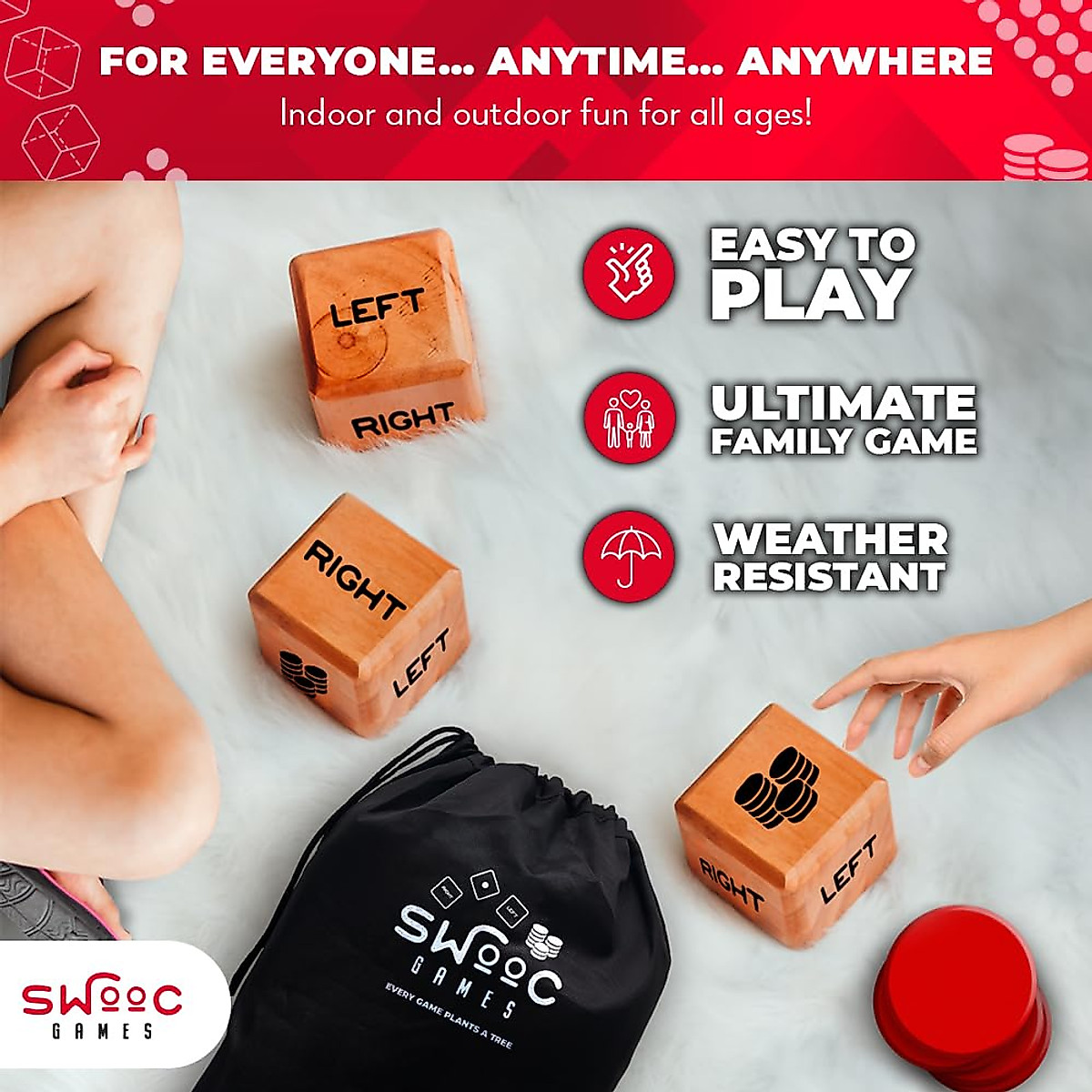 SWOOC Games - Giant Right Center Left Dice Game (All Weather) with 24 Large Chips & Carry Bag - Jumbo Wooden Lawn Game - Big Backyard Game for Family - Indoor/Outdoor - Left Right Center Dice Game