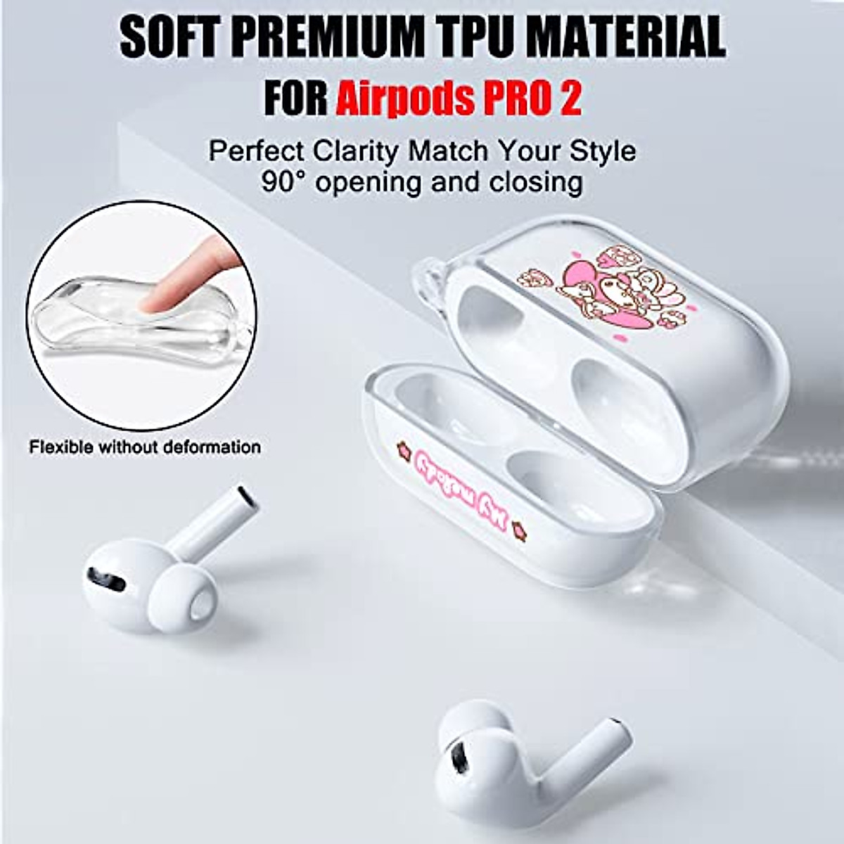 Anime Case Cover for AirPods Pro 2 (2022),Cute Cartoon Pink Bunny Pattern Soft Silicone Shockproof Protective Cover Kawaii Charging Case with Funny Rabbit Keychain for Women Kids