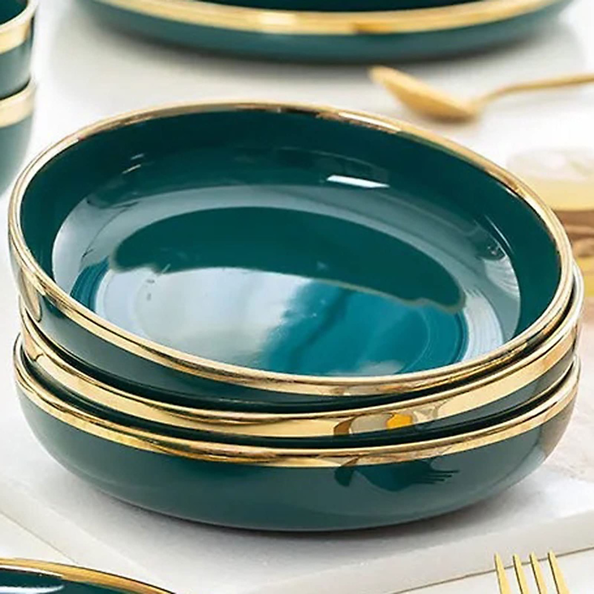 TAKESH Dinner Plates Gold Edging Green Porcelain Plates Food Dinner Set Dishes Soup Ceramic Plates