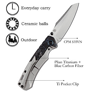 KANSEPT Weim Pocket Folding Knives for Men EDC Camping Folding Knife 3.28'' Stonewashed CPM S35VN Material Pocket Folding Knife with Plian Titanium + Blue Carbon Fiber Handle K1051A4