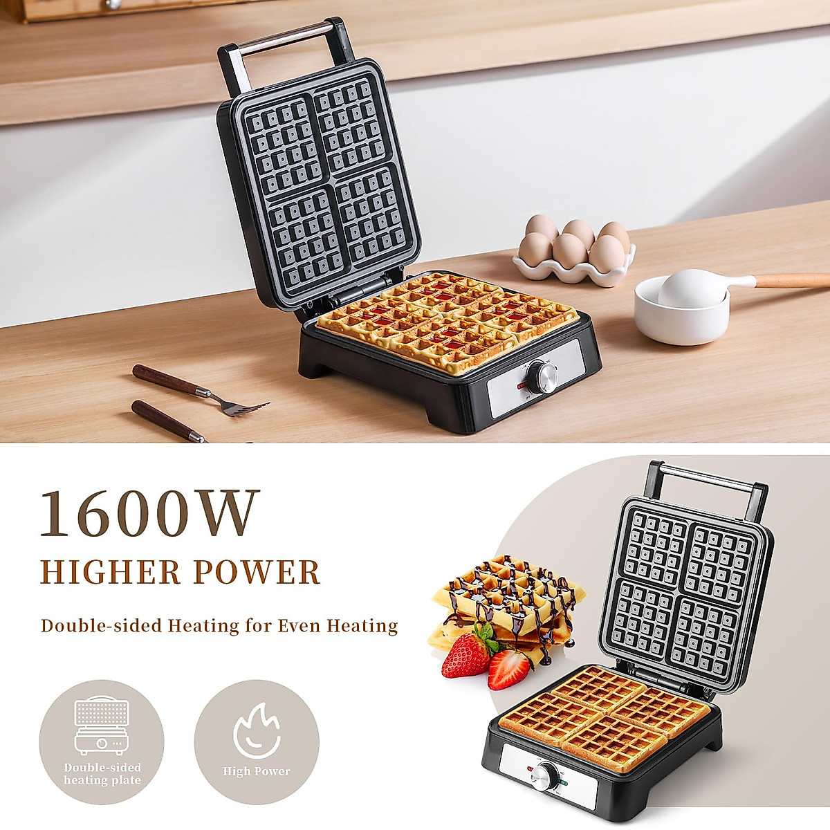 UVFAST Waffles Maker Waffle Iron, 4 Belgian Square Waffle Maker, Belgian Waffle Maker Thick Pancake Maker with Non-stick Plate, Breakfast Waffle Machine Make Waffle in Minutes, 3 Browning Level, 1600W