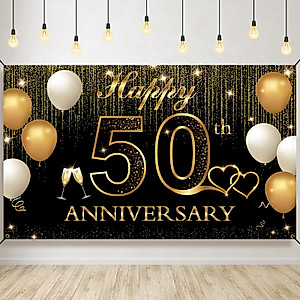 HTDZZI Golden 50th Wedding Anniversary Decorations, Happy 50th Anniversary Banner Backdrop, 50 Year Wedding Anniversary Party Decorations Yard Sign Photo Props Decor Supplies for Outdoor Indoor