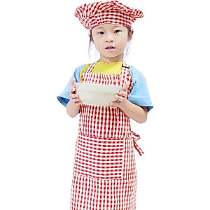 Kids Chef Hat Apron Set, Cute Children Baby Baking Gingham Aprons with Adjustable Neck Strap and Pockets for Boys and girls Cooking Baking Painting Gardening Aprons in 2 Sizes (Red Gingham, Small)