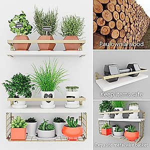 MZF Floating Shelves with Wire Storage Basket for Toilet Paper, Wall Decor for Bathroom/Living Room/Kitchen/Bedroom, (Gold-White-Gold) Shelves for Home Decor