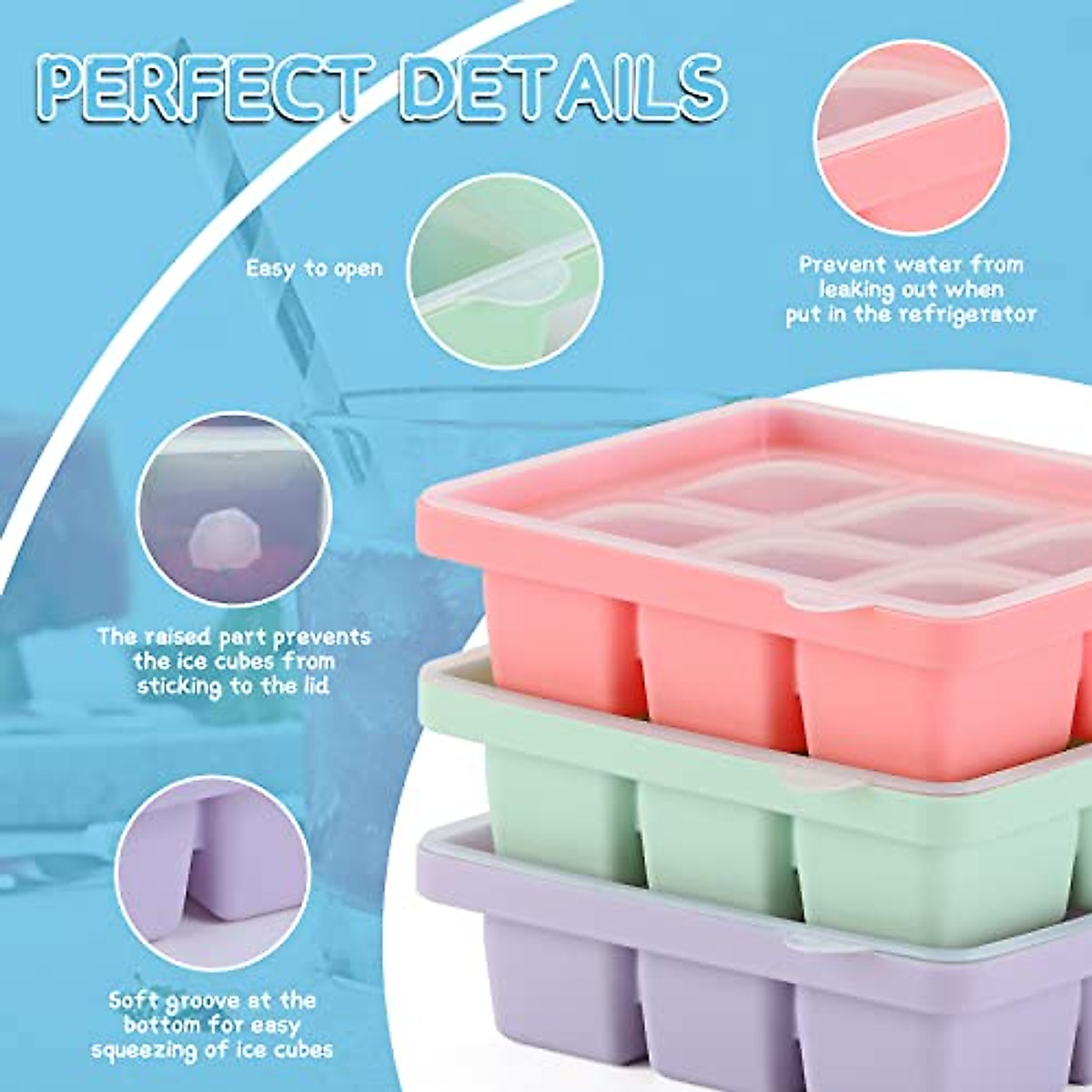 STARBRILLIANT Ice Cube Tray, Easy-Release Silicone Large Ice Moulds with Removeable LidsPerfect for Chilled DrinksFreezer, Baby Food, Whiskey and Cocktail, LFGB Certified (Set of 3(18 ice cubes))