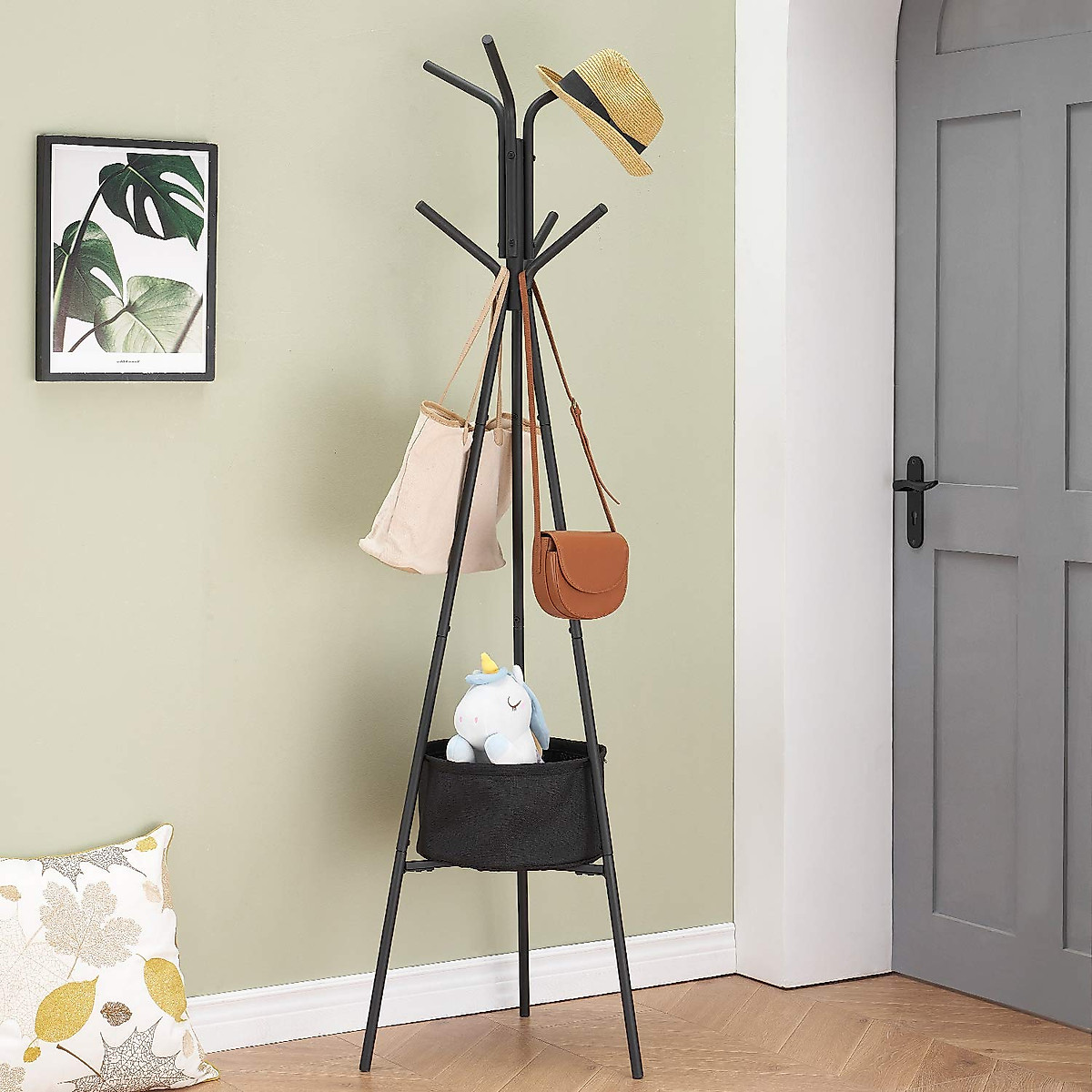 VECELO Coat Rack Freestanding,Hall Trees with Storage Basket,Entryway Clothes Stand with Shelf for Hat,Bags,Scarf Trees with 6 Hooks,Rustic Brown and Black