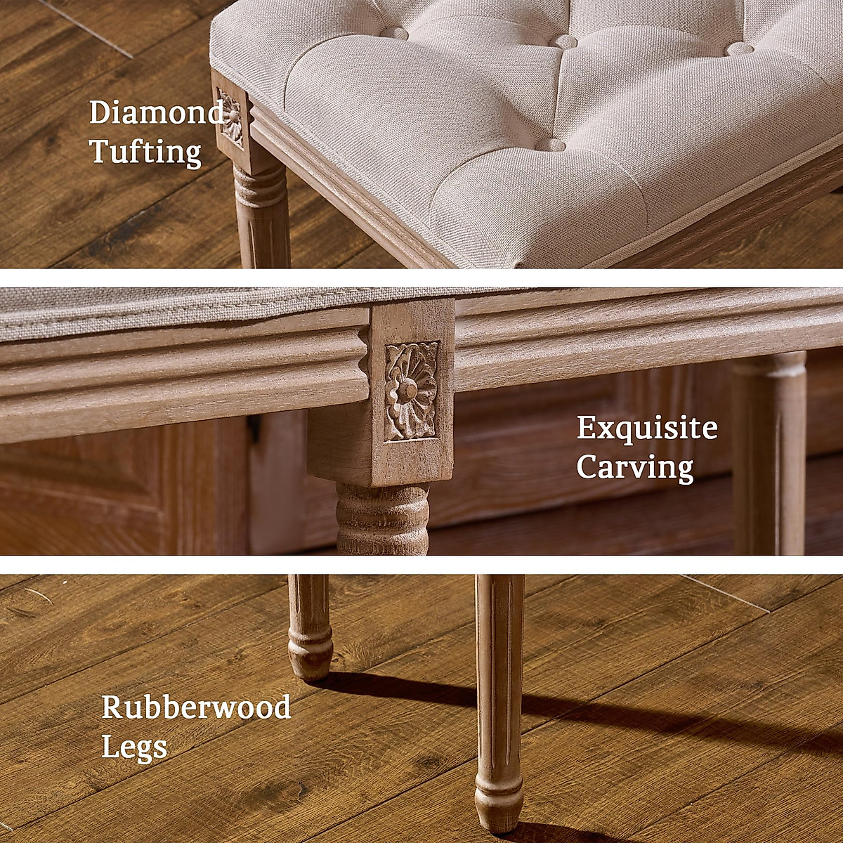 Vonluce Extra-Long Upholstered Bench, Beige, Rubberwood Frame, 48 x 16.7 in