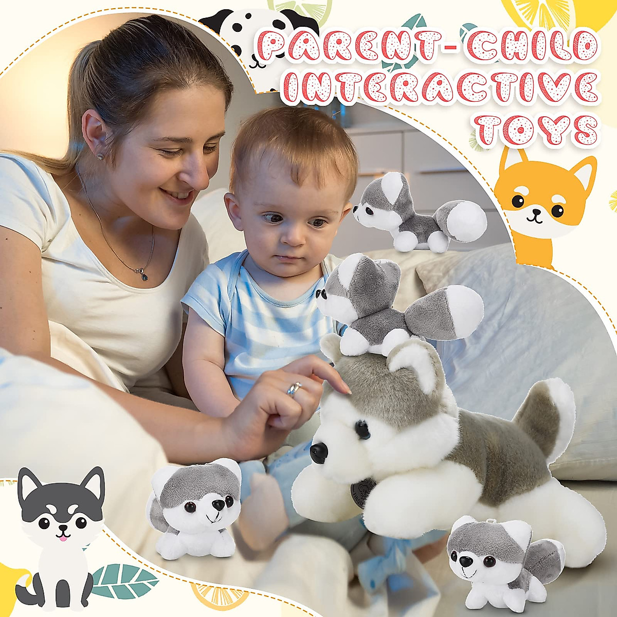 HyDren Christmas Husky Stuffed Animals with 4 Baby Huskies Cute Dog Plush Set Kawaii Husky Soft Pillow Dolls for Girls Birthday Wedding Anniversary Presents Home Sofa Decor, 11 Inch, 4 Inch