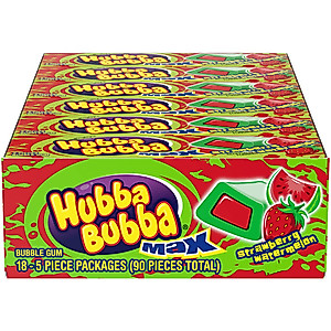 Hubba Bubba Gum (18 Pack) Max Bubble Gum Strawberry Watermelon Flavored Chewing Gum, 5 Piece