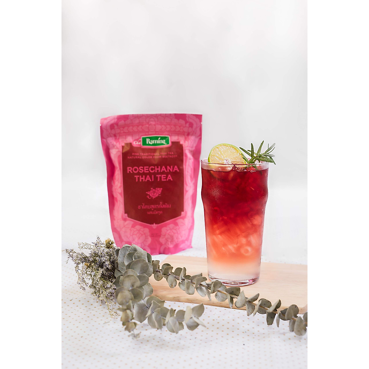Raming Pink Thai tea mix, Rosechana - dye free, 100% Natural loose leaf Assam & Beetroot, Makes Thai iced tea, milk boba tea - Original Thailand, 227g (8 oz)
