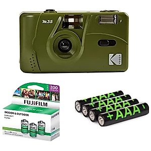 Kodak M35 35mm Film Camera, Film and Battery Bundle: Includes 3 Packs of Fujifilm Color Negative Films (36 Exposures Each), 4 Pack AAA Alkaline Batteries (Olive Green)