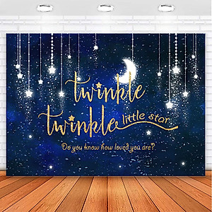 Mehofoto Twinkle Twinkle Little Star Backdrop Shinning Star and Moon Navy Blue Galaxy Sky Little Star Baby Shower Background 7x5ft Glitter Little Star Birthday Baby Shower Decoration Supplies