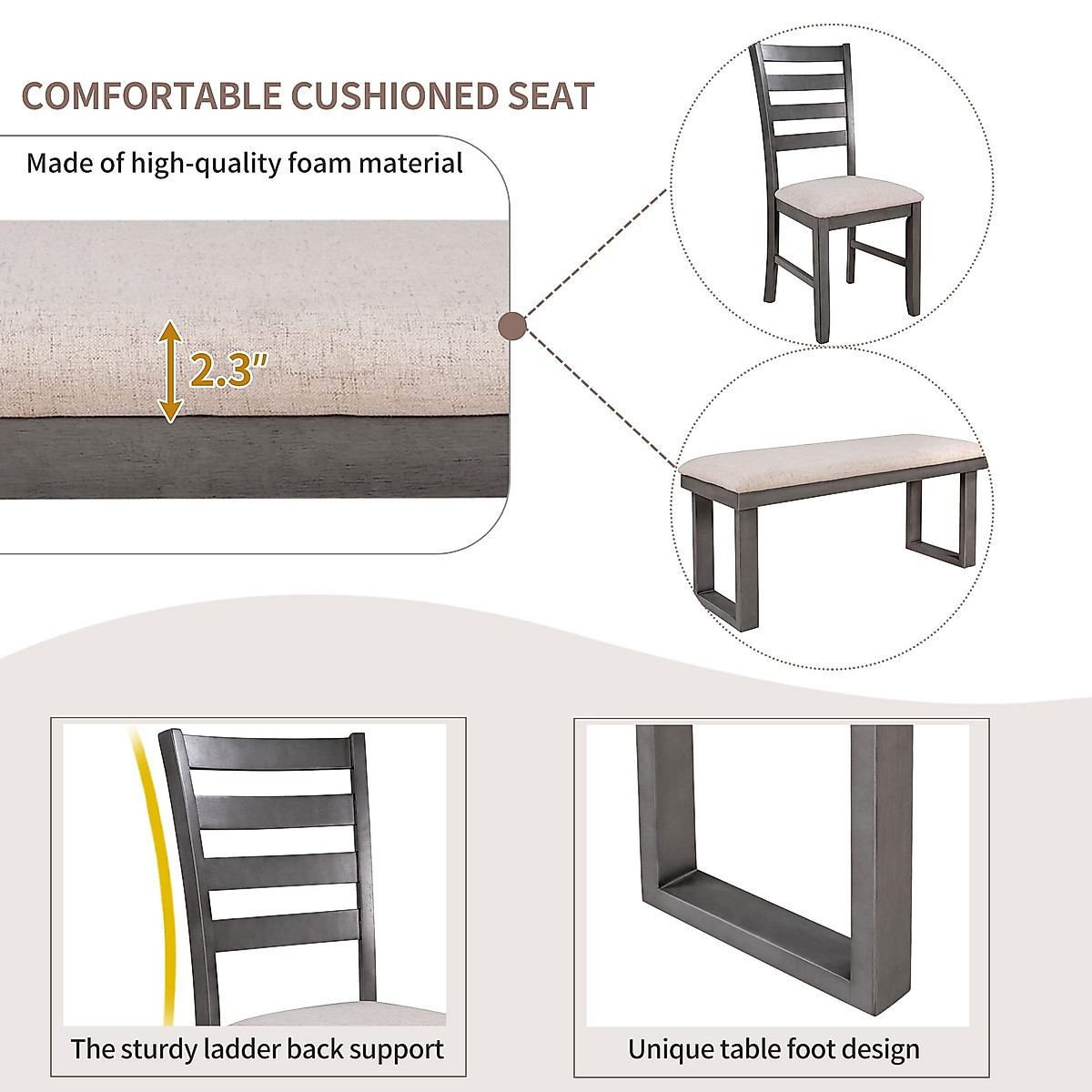 Prohon 60“L Rectangular Table with Strong Wood Legs, 4 Soft Comfort High Backrest Chairs and Upholstered Bench for 6, Minimalist Style Dining Set for Kitchen/Living Room/Apartments, Gray