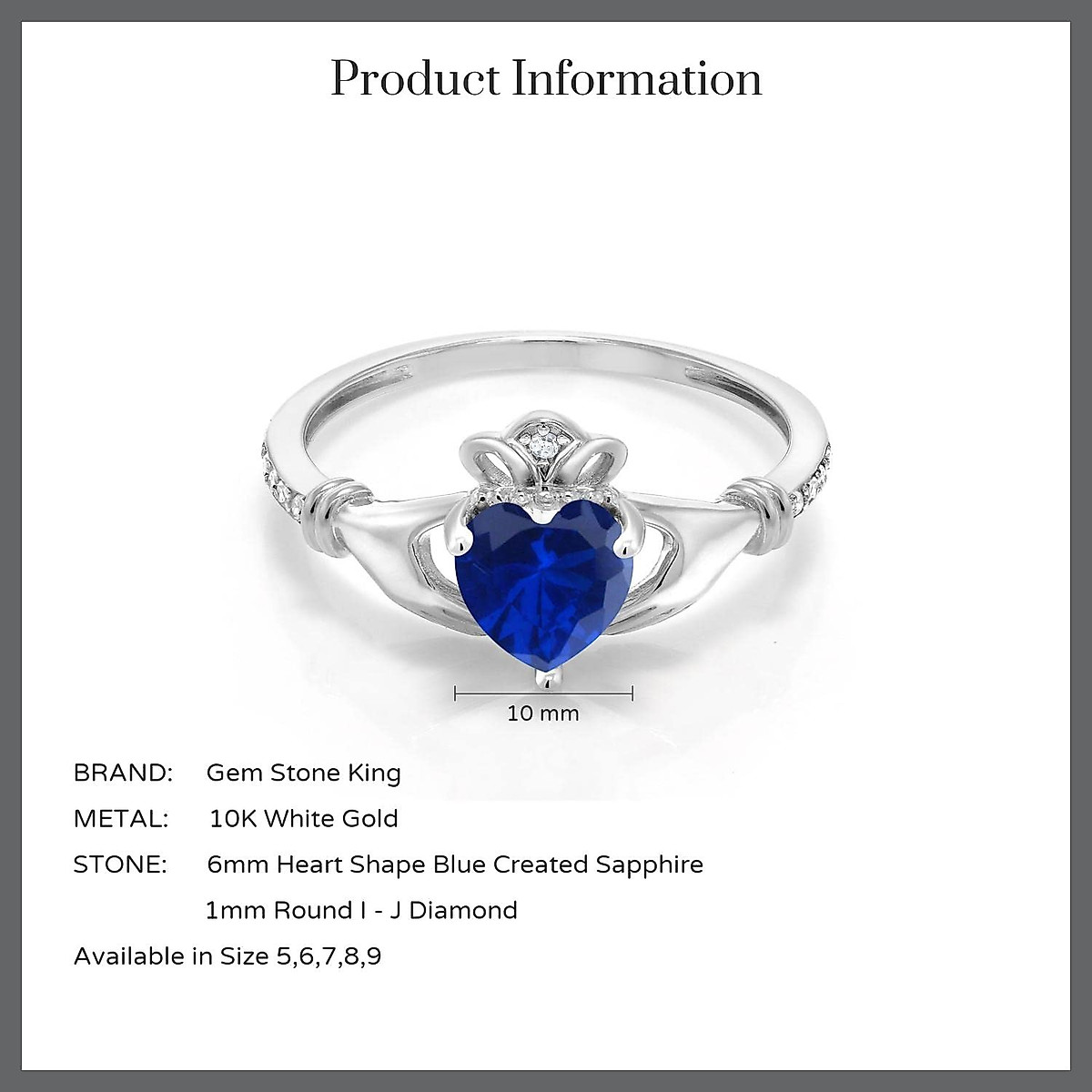 Gem Stone King 10K White Gold Blue Created Sapphire and White Diamond Irish Celtic Claddagh Ring For Women (0.86 Cttw, Heart Shape 6MM, Gemstone Birthstone, Available in size 5, 6, 7, 8, 9)