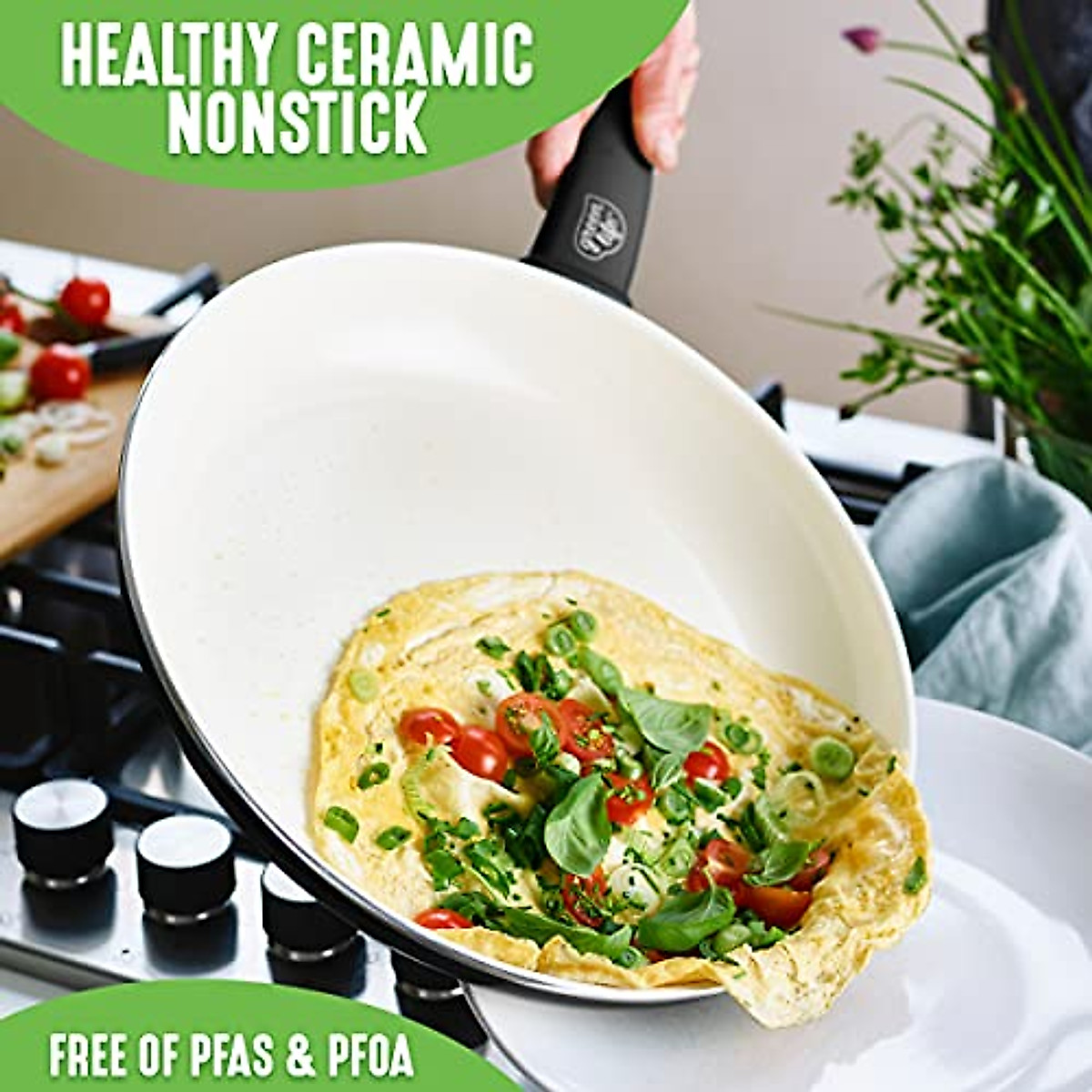 GreenLife Soft Grip Healthy Ceramic Nonstick 7" and 10" Frying Egg Omeltte Pan Skillet Set, PFAS-Free, Dishwasher Safe, Black and Cream