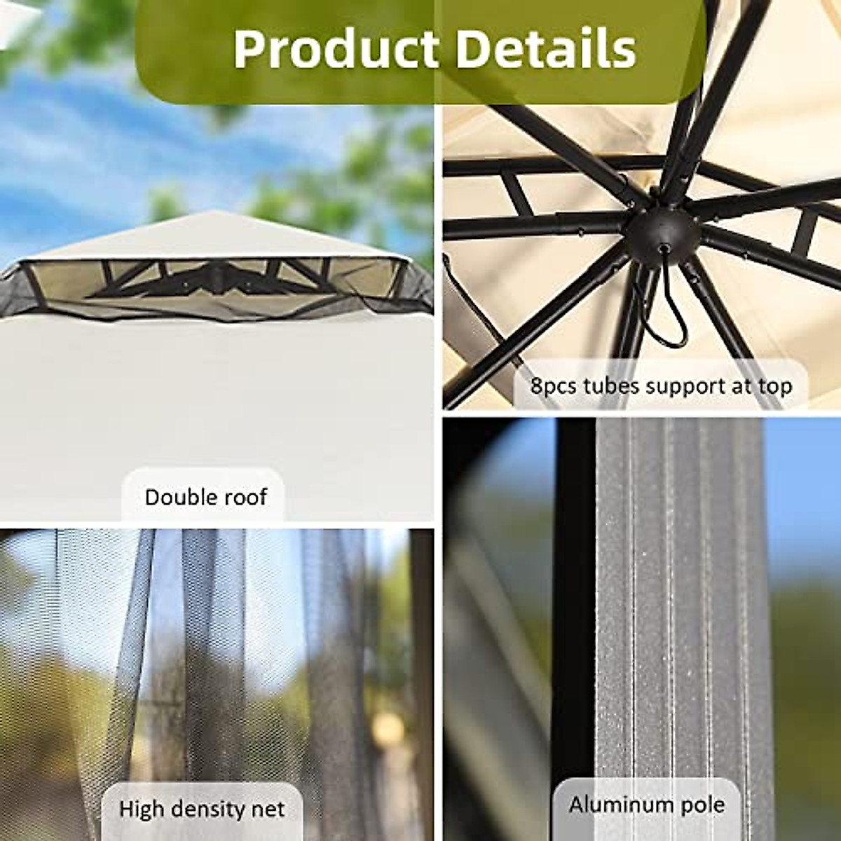10x13 Gazebo with Mosquito Netting and Sand Bag, Aluminum Pole Outdoor Gazebo with Polyester Top, Fireproof Enclosure & Waterproof Screen Patio Tent, Garden Pavilion for Backyard, Lawn (Cream)