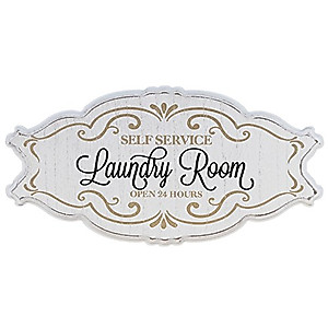 Rustic Self Service Laundry Room Wall Hanging Sign Plaque - Vintage Look w/ Whitewash Finish
