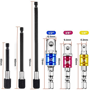 Flexible Drill Bit Extension, Hex Shank 105° Right Angle Drill, 3Pcs Drill Bit Holder Extension, 3Pcs 1/4 3/8 1/2" Universal Socket Adapter, 11.6 inch Screwdriver Soft Shafts, Screwdriver Bit Kit