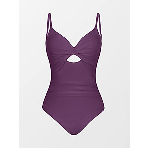 CUPSHE One Piece Swimsuit for Women Bathing Suits Twist Front Cutout Adjustable Straps Ruched Swimwear M, Dark Purple