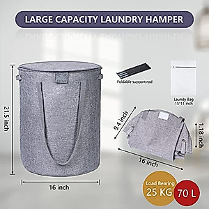 NARUNDREN Laundry Basket with Lid, 70L Round Collapsible Laundry Hamper with Handles, Freestanding Dirty Clothes Hamper Waterproof Lining for Bathroom, Laundry Room Organization Storage (Dark Grey)